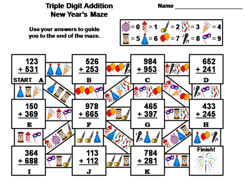 Triple Digit Addition With Regrouping New Year's Math Maze | Teaching ...