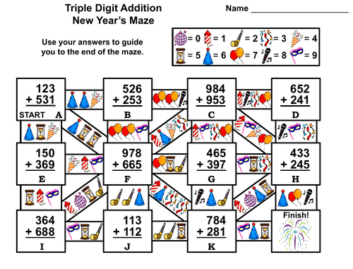 Triple Digit Addition With Regrouping New Year's Math Maze | Teaching ...