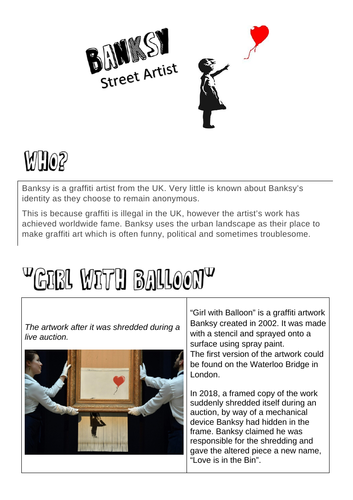 Banksy "Girl With Balloon" Worksheet & Stencil Template | Teaching ...