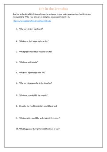Life in the Trenches Comprehension | Teaching Resources