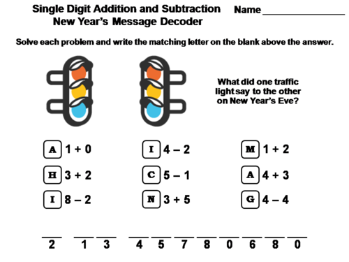 Single Digit Addition and Subtraction New Year's Math Activity: Message ...