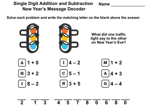Single Digit Addition and Subtraction New Year's Math Activity: Message ...