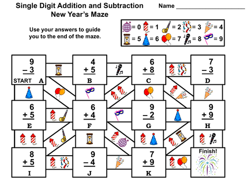 Single Digit Addition and Subtraction New Year's Math Maze | Teaching ...