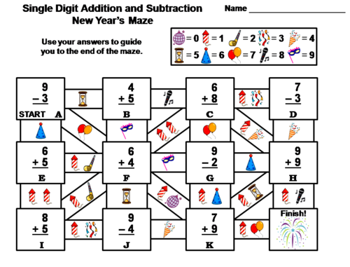 Single Digit Addition and Subtraction New Year's Math Maze | Teaching ...