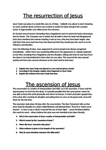 Resurrection and acscension of Jesus AQA | Teaching Resources