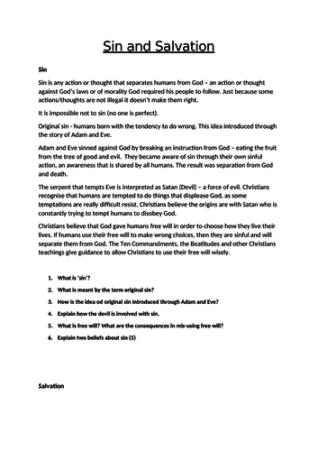 Sin and Salvation. Ideal for Home Learning. | Teaching Resources