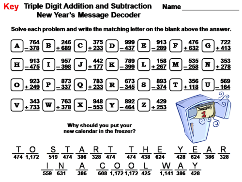 Triple Digit Addition and Subtraction New Year's Math Activity: Message ...