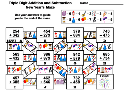 Triple Digit Addition and Subtraction New Year's Math Maze | Teaching ...
