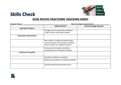 GCSE Maths Diagnostic Skills Check for Fractions | Teaching Resources
