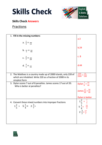 GCSE Maths Diagnostic Skills Check for Fractions | Teaching Resources