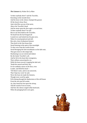 Poetry Lesson The Listeners Walter De La Mare | Teaching Resources