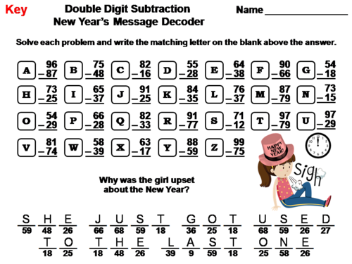 Double Digit Subtraction New Year's Math Activity: Message Decoder ...
