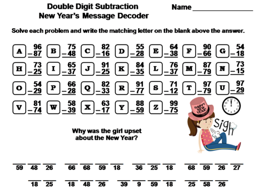Double Digit Subtraction New Year's Math Activity: Message Decoder ...
