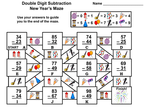 Double Digit Subtraction New Year's Math Maze | Teaching Resources
