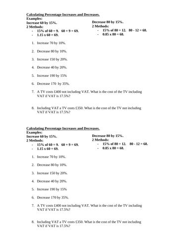KS3/GCSE Foundation .Maths Percentage Increase and Decrease Worksheet ...