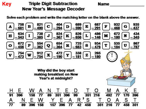 Triple Digit Subtraction New Year's Math Activity: Message Decoder ...