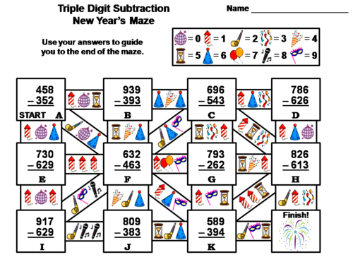 Triple Digit Subtraction New Year's Math Maze | Teaching Resources