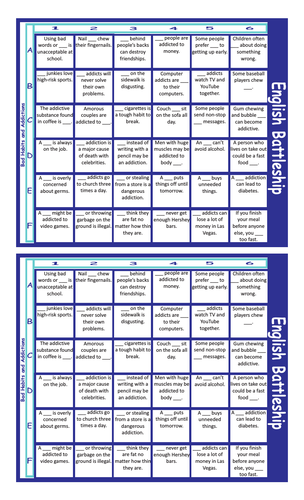 Bad Habits and Addictions Legal Size Text Battleship Game | Teaching ...