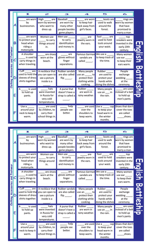 Clothing Accessories and Footwear Legal Size Text Battleship Game ...