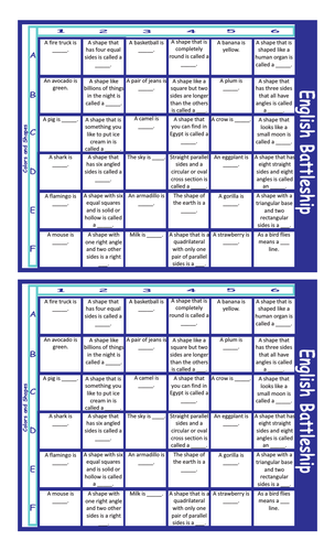 Colors and Shapes Legal Size Text Battleship Game | Teaching Resources