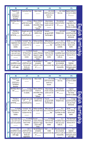 Food Items Legal Size Text Battleship Game | Teaching Resources