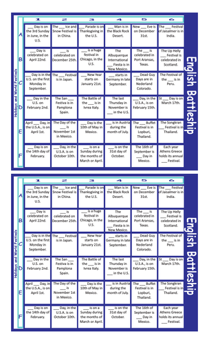 Holidays and World Festivals Legal Size Text Battleship Game | Teaching ...