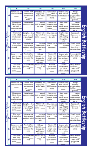 Park Things and Activities Legal Size Text Battleship Game | Teaching ...