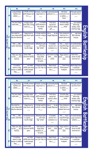 Pets and Pet Care Legal Size Text Battleship Game | Teaching Resources