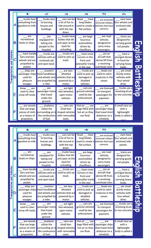 Transportation and Vehicles Legal Size Text Battleship Game | Teaching ...