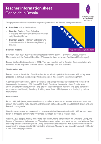 Teacher information sheet - The Genocide in Bosnia | Teaching Resources