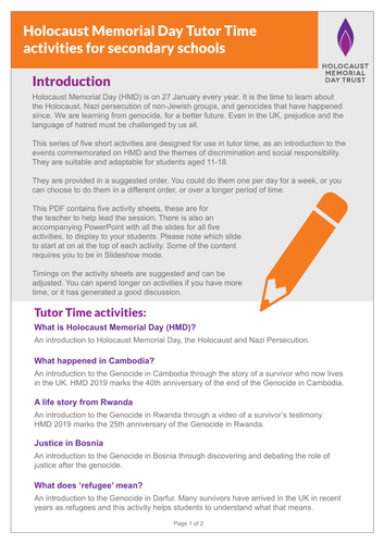 Holocaust Memorial Day Tutor Time Bundle | Teaching Resources
