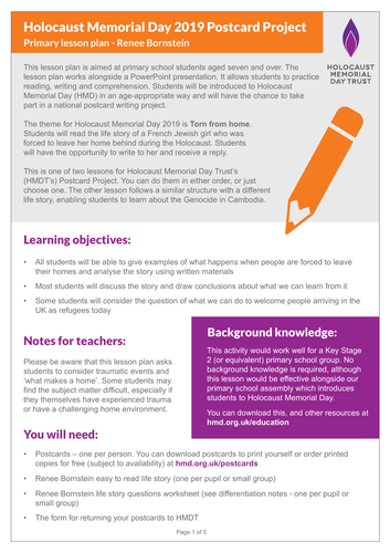 Holocaust Memorial Day Primary Postcard Project Lesson Plans | Teaching ...
