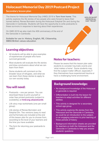 Holocaust Memorial Day Postcard Project Secondary Lesson Plan ...