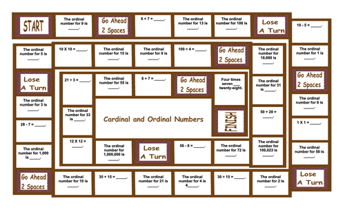 Cardinal and Ordinal Numbers Legal Size Text Board Game | Teaching ...