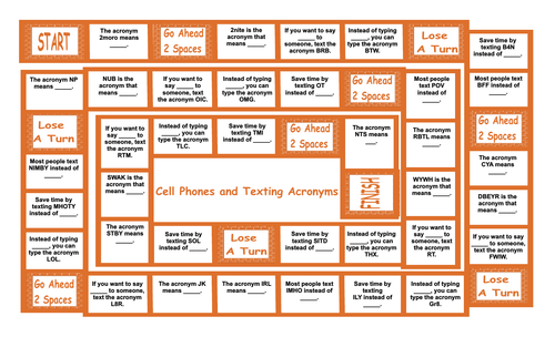 Cell Phones and Texting Acronyms Legal Size Text Board Game | Teaching ...