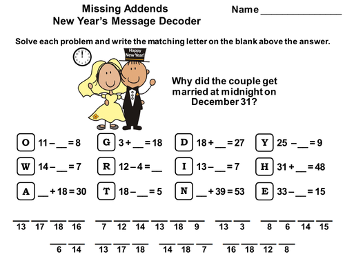 Missing Addends New Year's Math Activity: Message Decoder | Teaching ...
