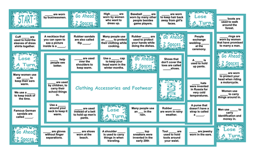 Clothing Accessories and Footwear Legal Size Text Board Game | Teaching ...