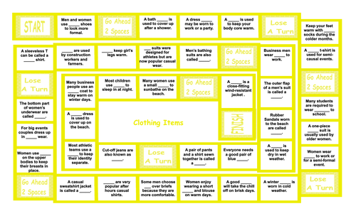 Clothing Items Legal Size Text Board Game | Teaching Resources