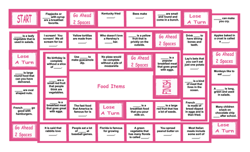Food Items Legal Size Text Board Game | Teaching Resources