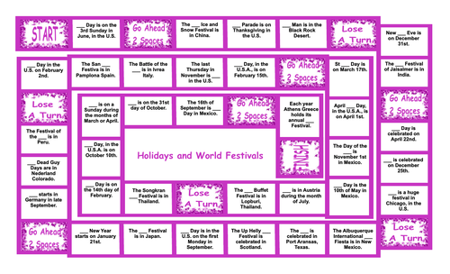 Holidays and World Festivals Legal Size Text Board Game | Teaching ...