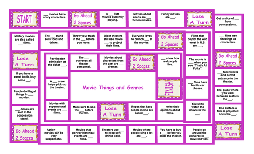 Movie Things and Genres Legal Size Text Board Game | Teaching Resources