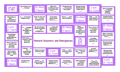 Natural Disasters and Emergencies Legal Size Text Board Game | Teaching ...