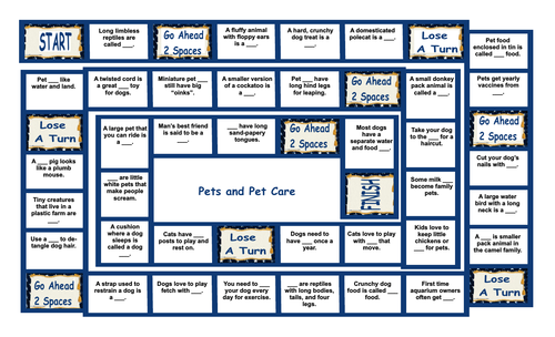 Pets and Pet Care Legal Size Text Board Game | Teaching Resources