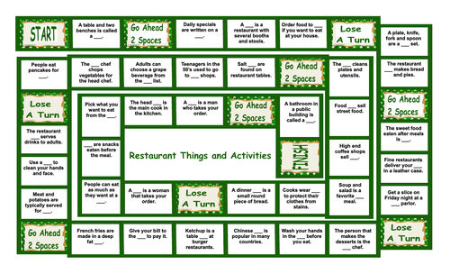 Restaurant Things and Activities Legal Size Text Board Game | Teaching ...