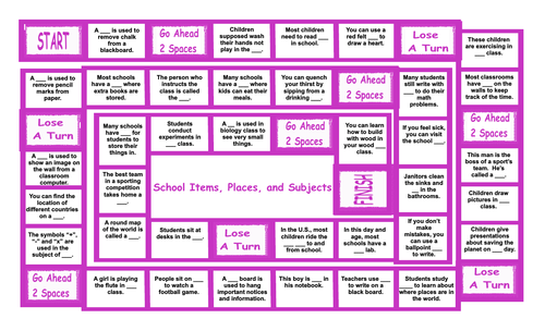 School Items, Places, and Subjects Legal Size Text Board Game ...