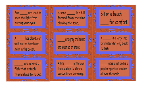 Beach Things and Activities Legal Size Text Card Game | Teaching Resources