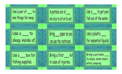 Camping Things and Activities Legal Size Text Card Game | Teaching ...