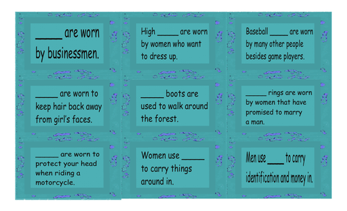 Clothing Accessories and Footwear Legal Size Text Card Game | Teaching ...