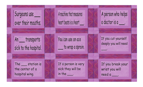 Hospitals and Injuries Legal Size Text Card Game | Teaching Resources