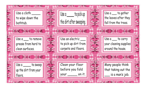 Household Chores and Cleaning Supplies Legal Size Text Card Game ...
